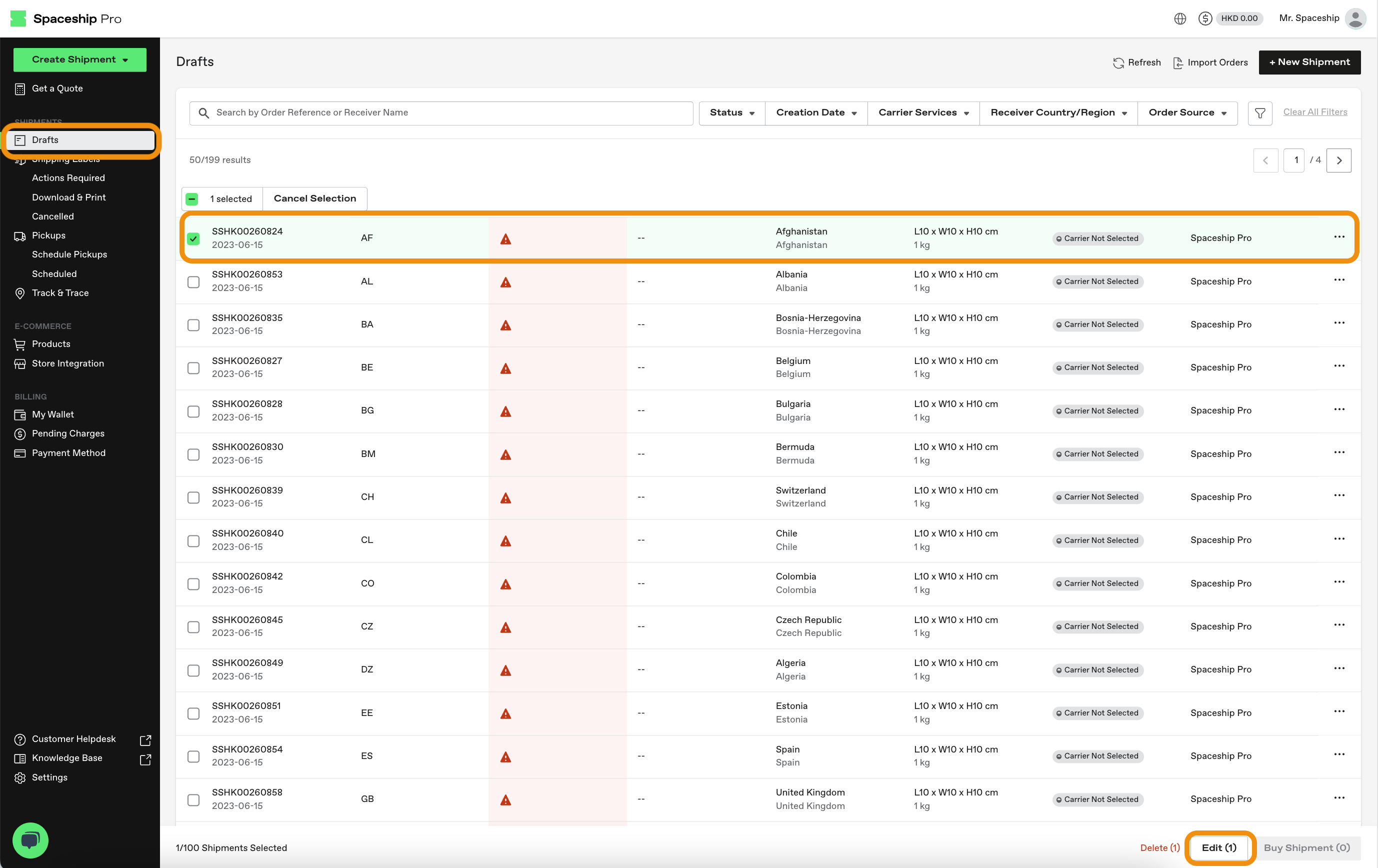 Shipments - Edit a Single Shipment